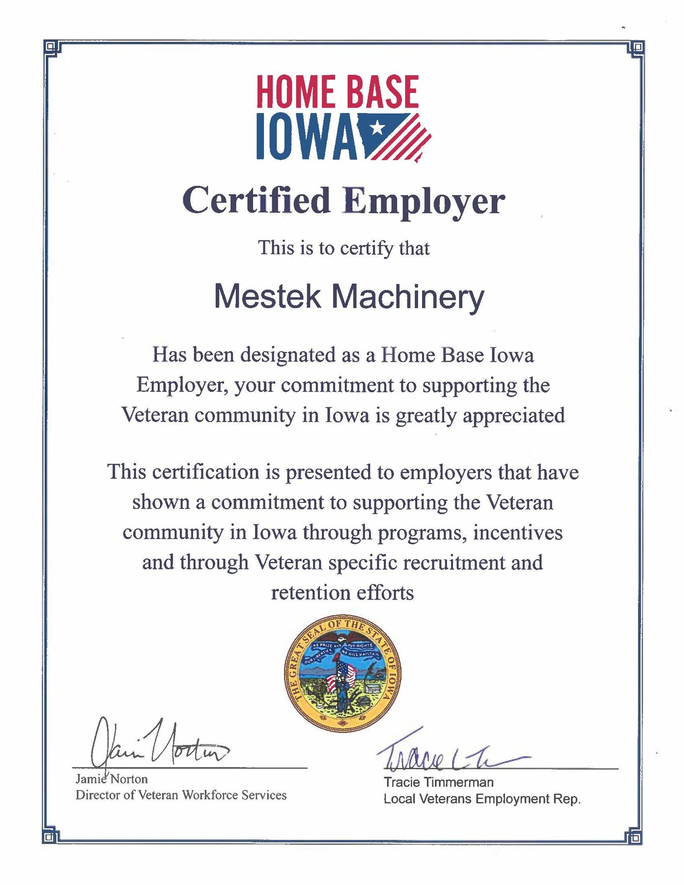 Mestek Machinery Recognized by IowaWorks with Home Base Iowa ...
